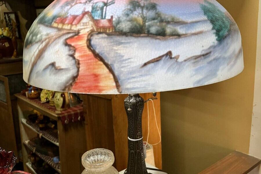 $650, Early 20th Century reverse painted glass table lamp shade by #113 ...