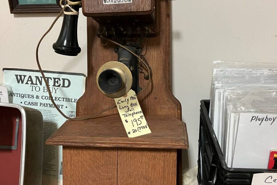 $195 Early 1900’s long box wall telephone by #20 John - Antique Warehouse